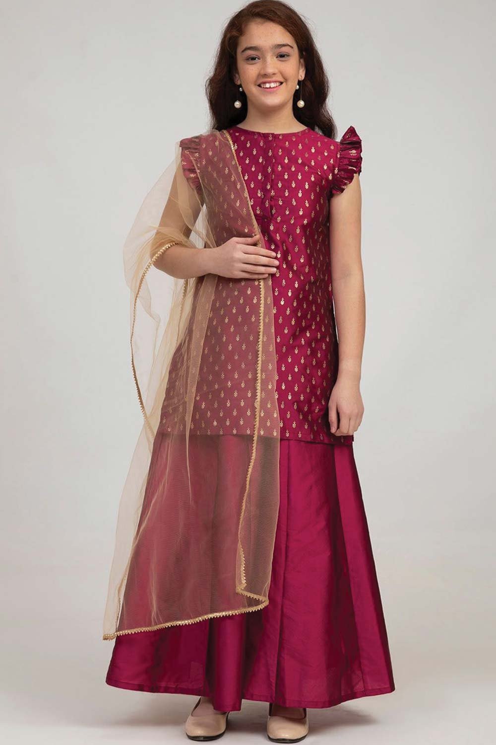 Girl's Burgundy Embroidered Kurta With Sharara And With Dupatta ...