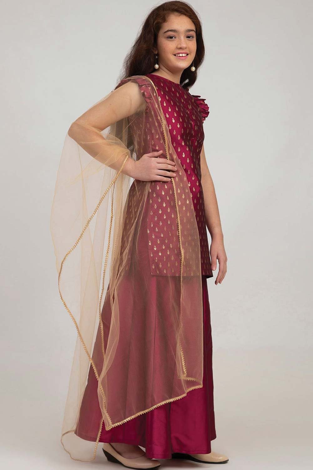 Girl's Burgundy Embroidered Kurta With Sharara And With Dupatta ...